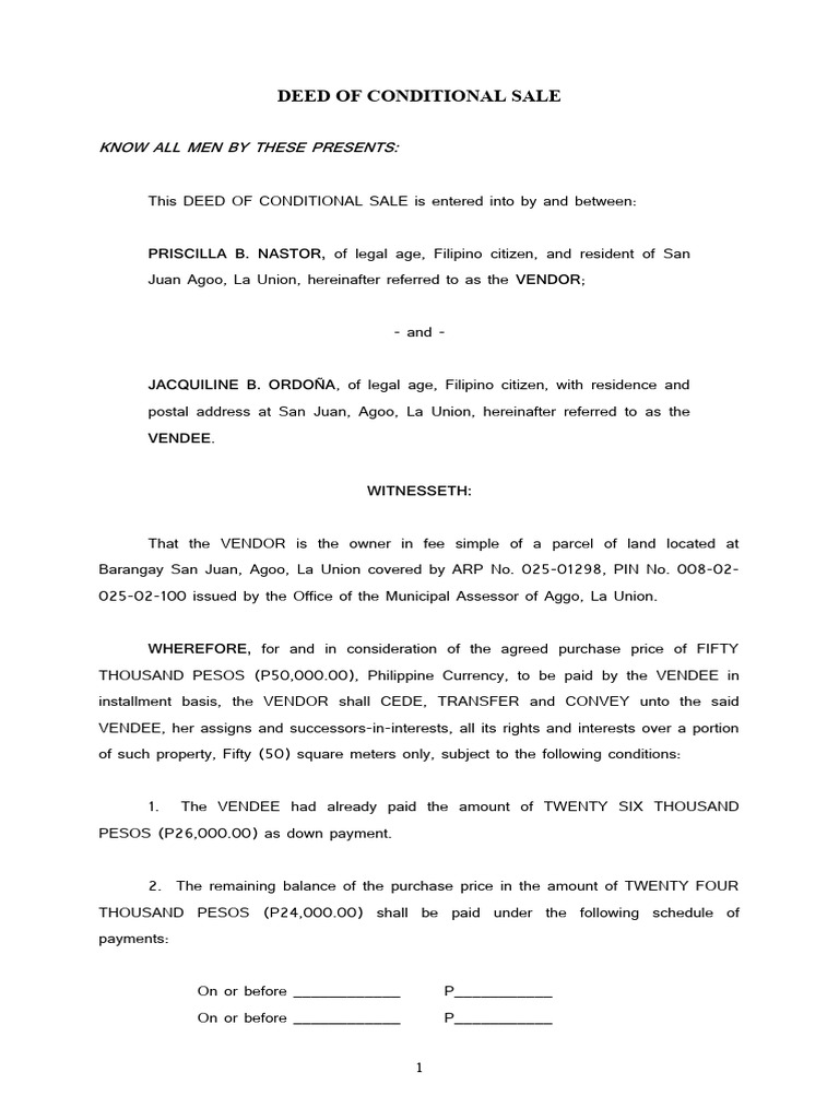 Deed of Conditional Sale (Sample 2) | PDF | Property Law | Civil Law ... Deed of Conditional Sale (Sample 2) | PDF | Property Law | Civil Law ...