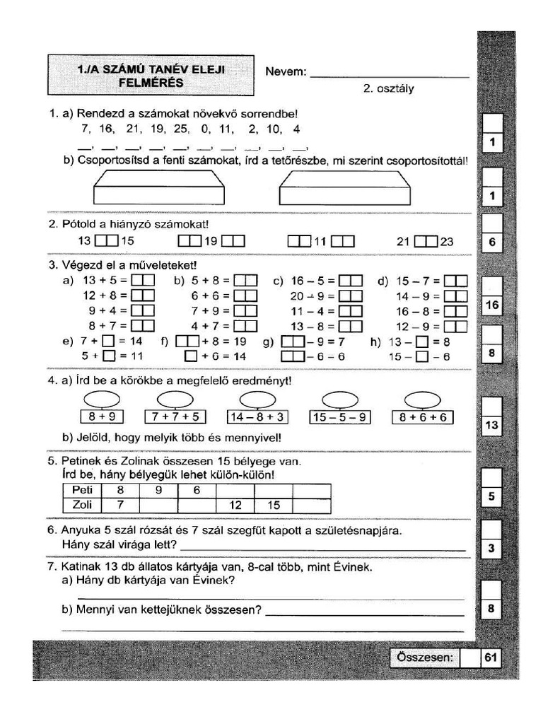 Év Eleji Felmérés Matematika 1a - 2. Osztály | PDF