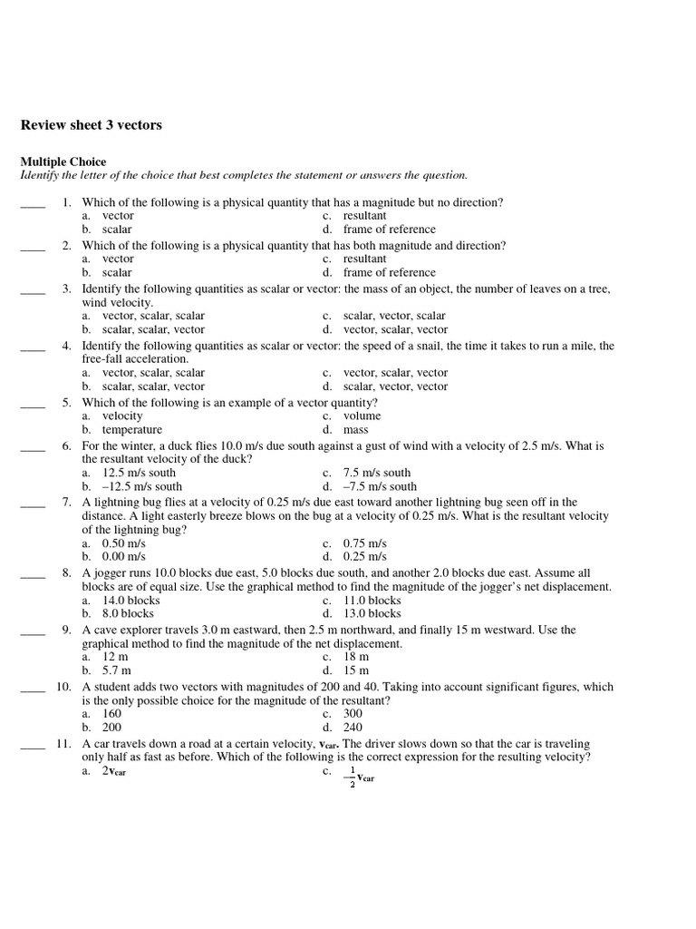 Vectors Review: Multiple Choice Questions | PDF | Euclidean Vector ...