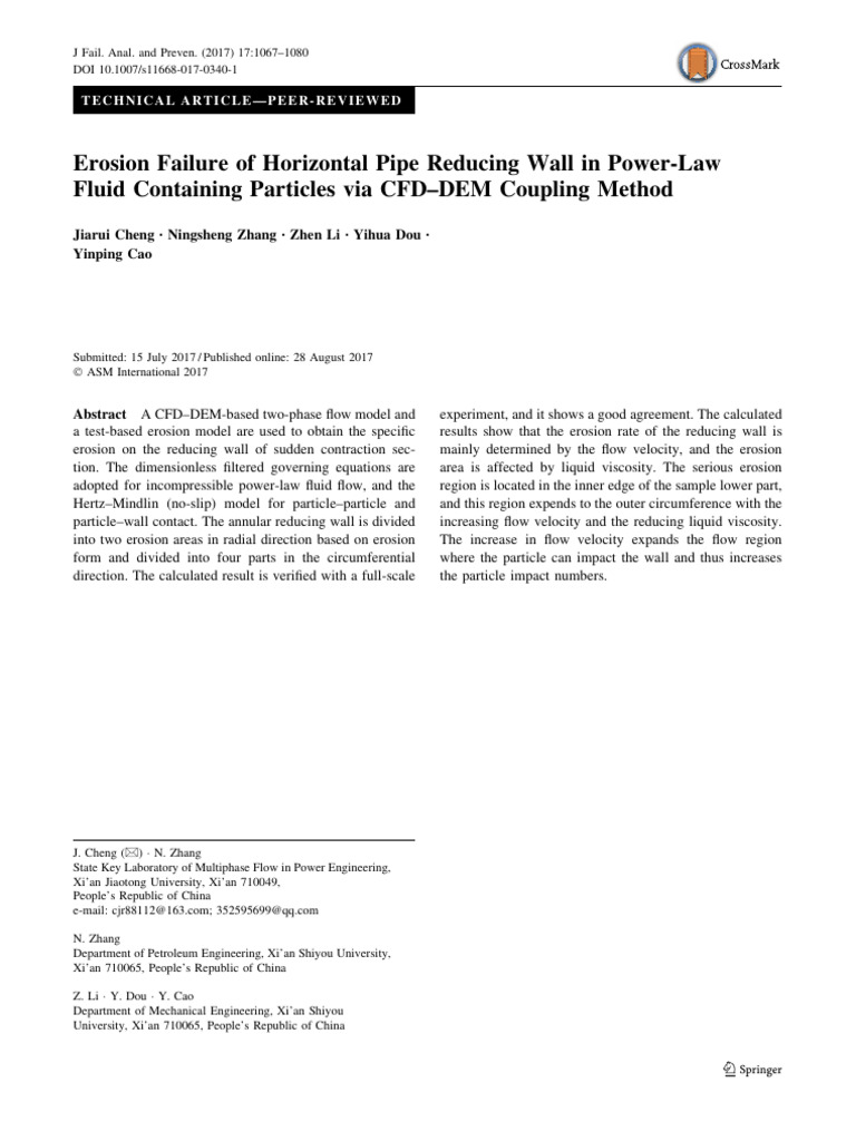 Erosion Failure of Horizontal Pipe Reducing Wall in Power-Law Fluid Containing Particles Via CFD ...