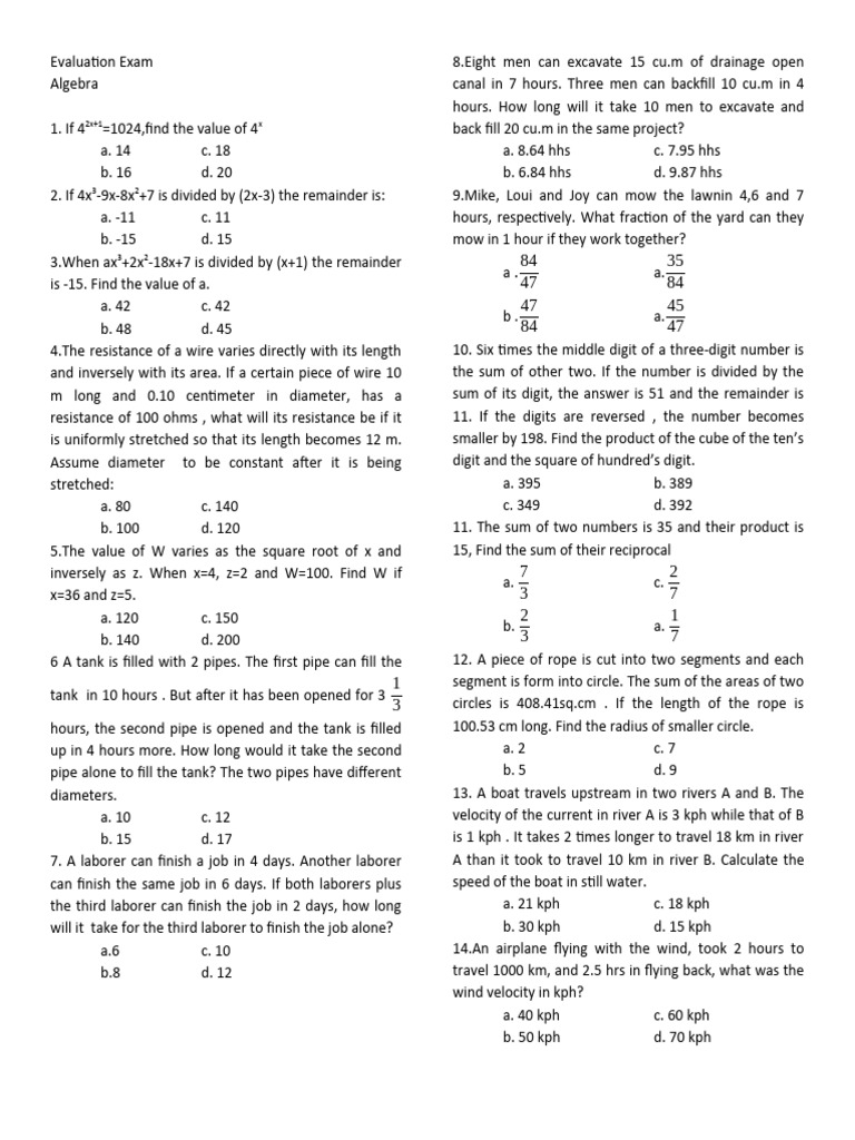 Evaluation Exa1 For Online | PDF | Quadratic Equation | Speed