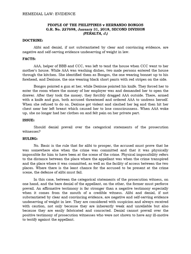 People of The Philippines V Hernando Bongos (Denial v. Categorical Statements of The Prosecution ...