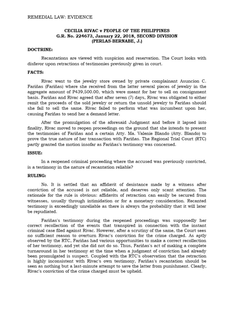 Jan 22 - Cecilia Rivac V People of The Philippines (Evidence) | PDF ...