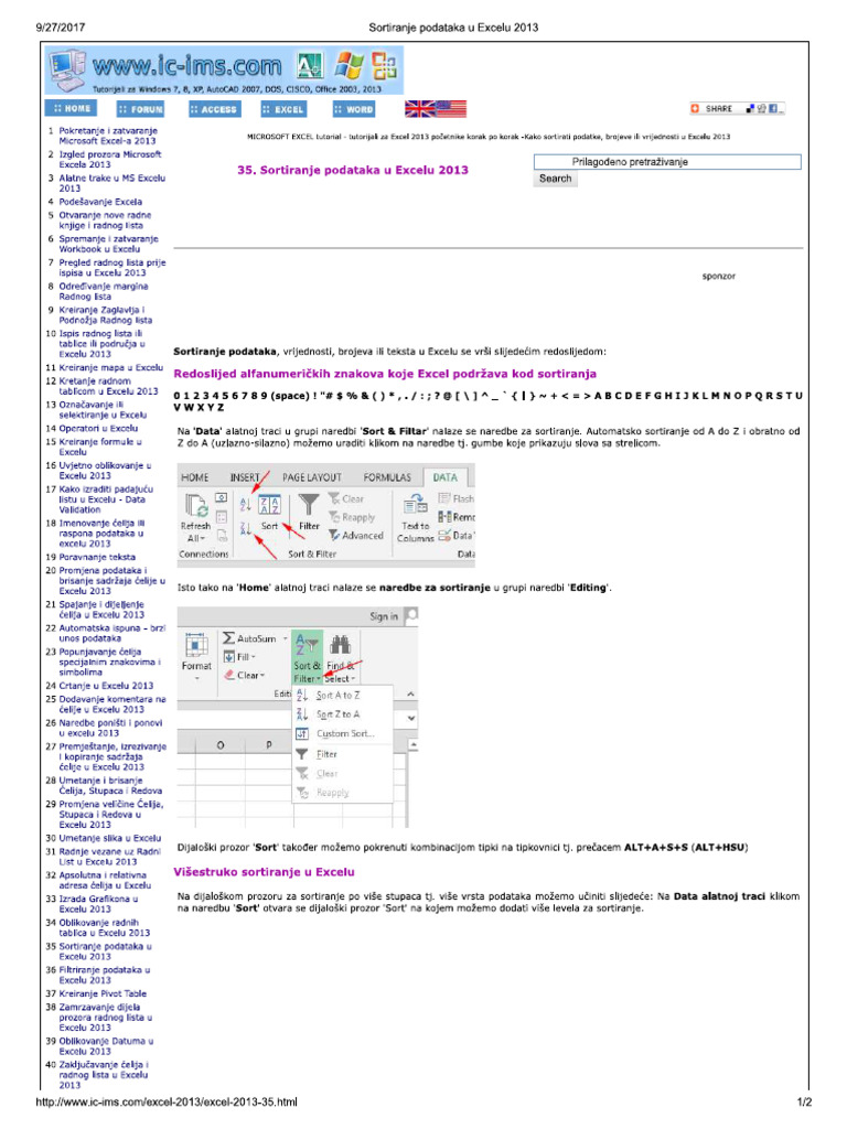 Sortiranje Podataka U Excelu 2013 | PDF
