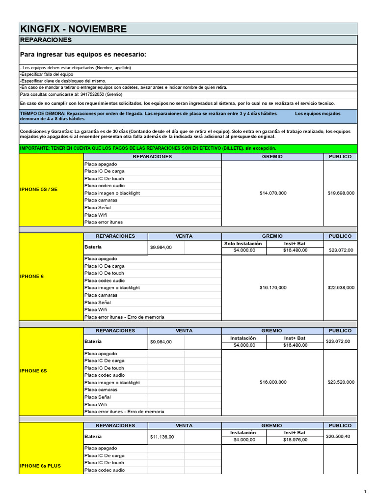Reparaciones Kingfix - Noviembre | PDF | Yo telefono | Software de Apple Inc.