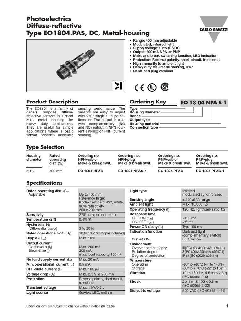 Carlo Gavazzi Sensor Type EO1804.PAS | PDF | Bipolar Junction ...