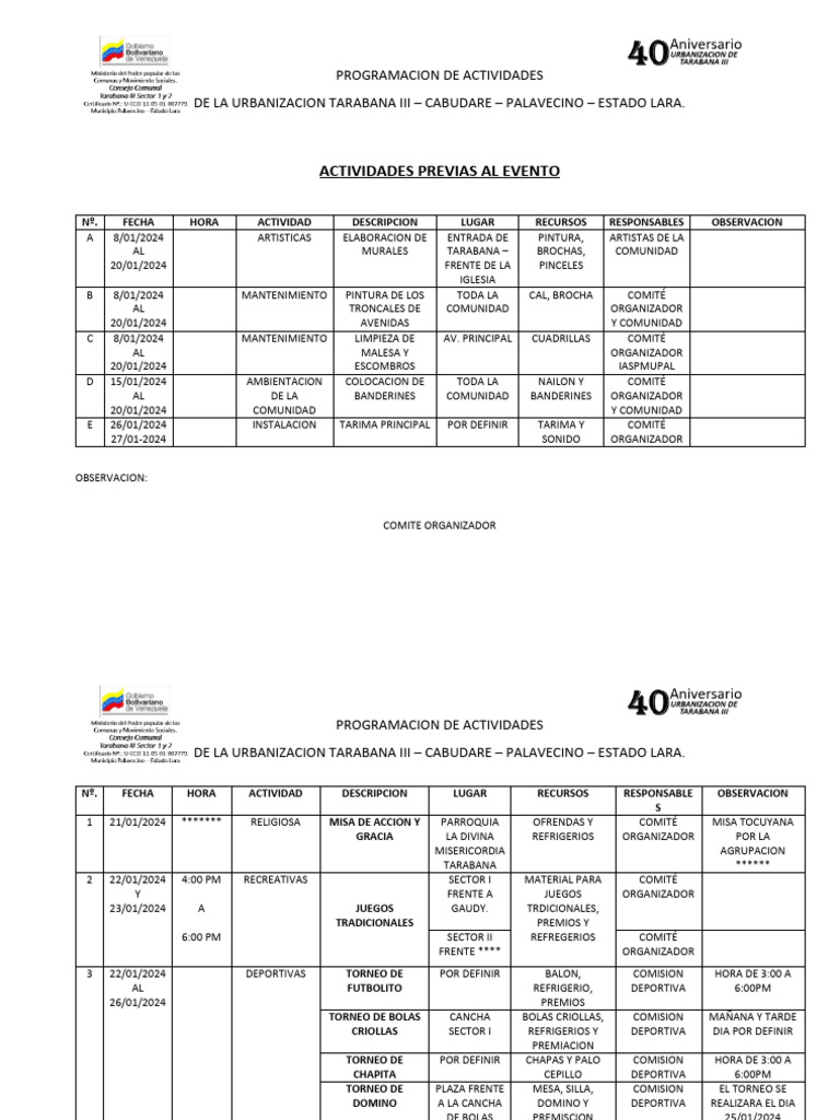 PROGRAMACION DE ACTIVIDADES 40 ANIVERSARIO - TARABANA | PDF