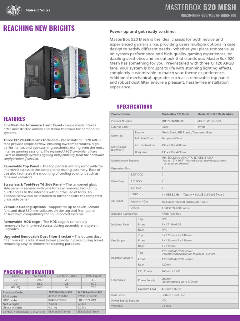Product Sheet - MasterBox 520 Mesh | PDF | Manufactured Goods | Computer Hardware