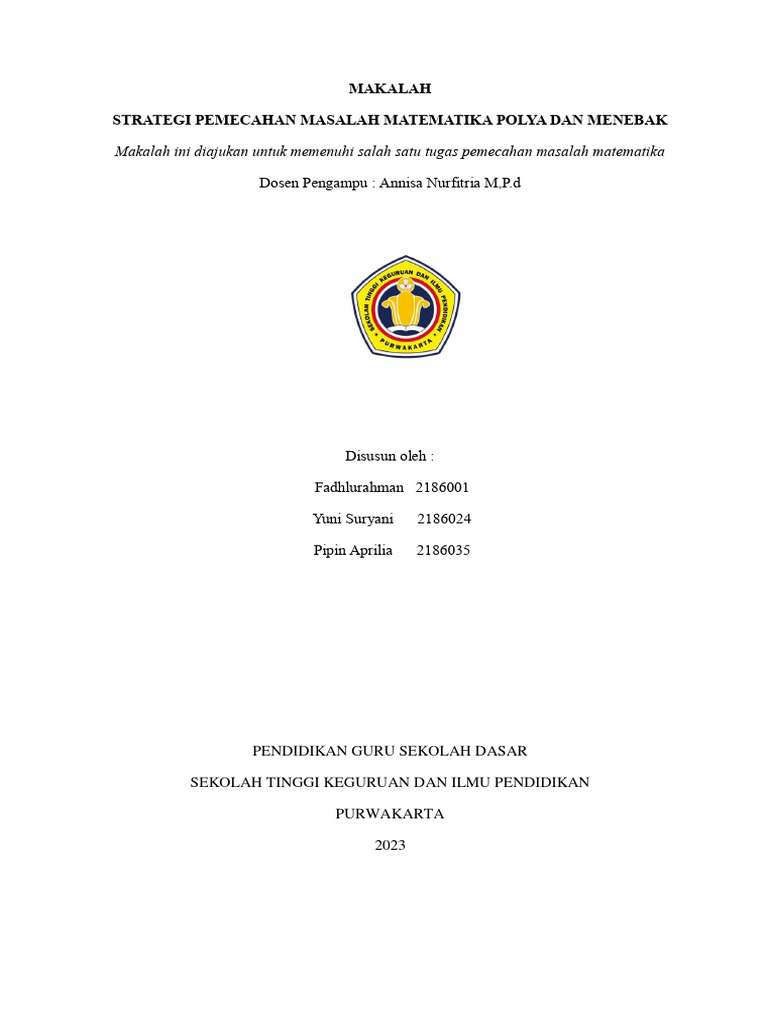 Strategi Pemecah Masalah Matematika Polya Dan Menebak | PDF