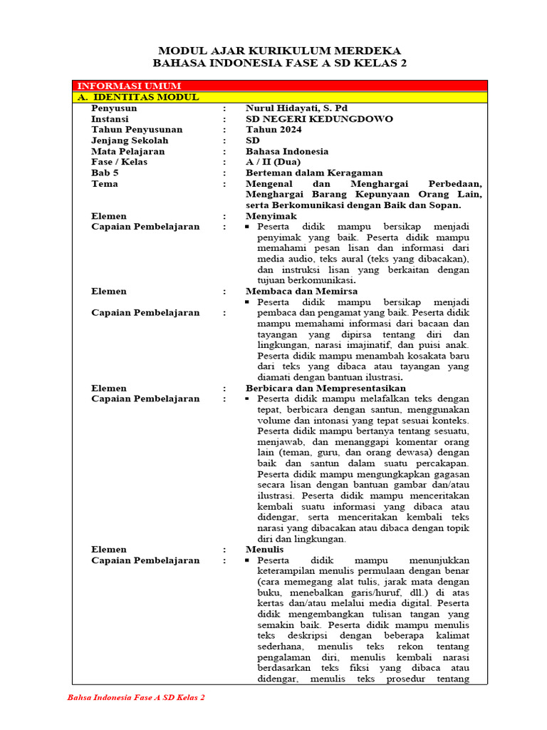 Modul Ajar Bahasa Indonesia Kelas 2 - BAB 5 | PDF