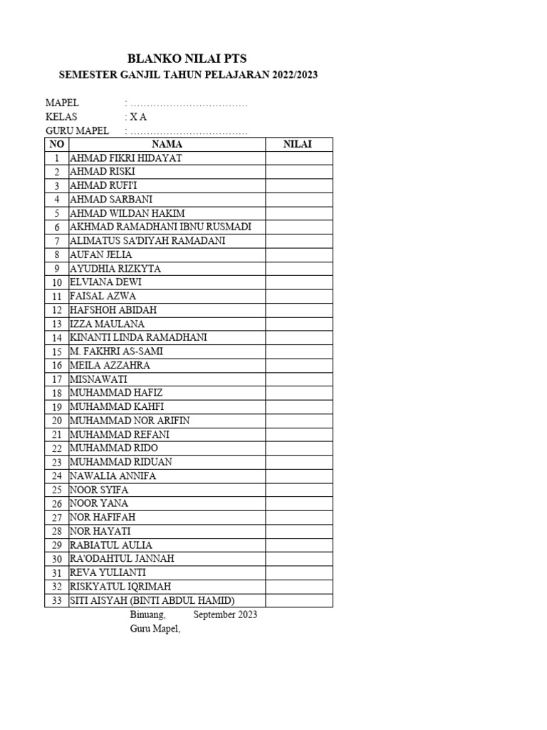 Blanko Nilai Pts Ganjil 2324 | PDF | Agama & Spiritualitas