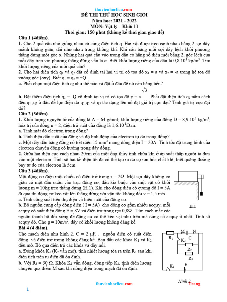 De Thi Chon HSG Vat Li 11 Cap Truong 2022 Co Dap An | PDF