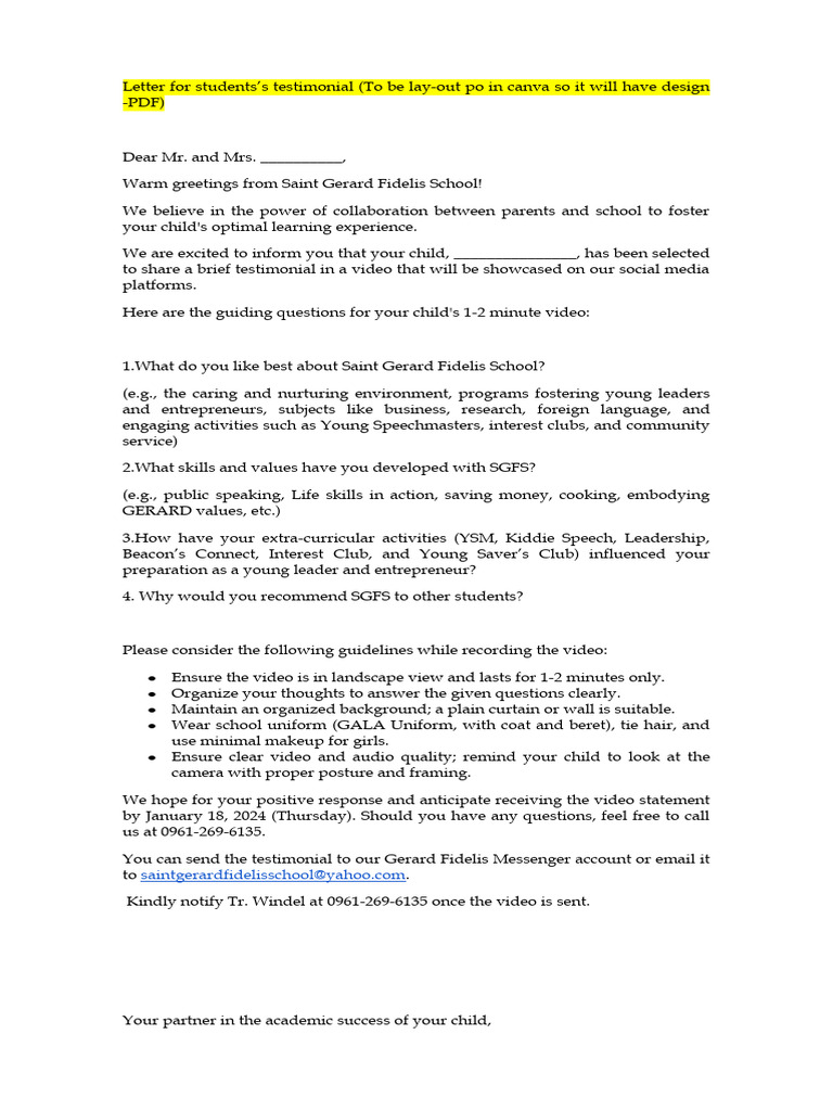 Student Testimonial Invitation | PDF