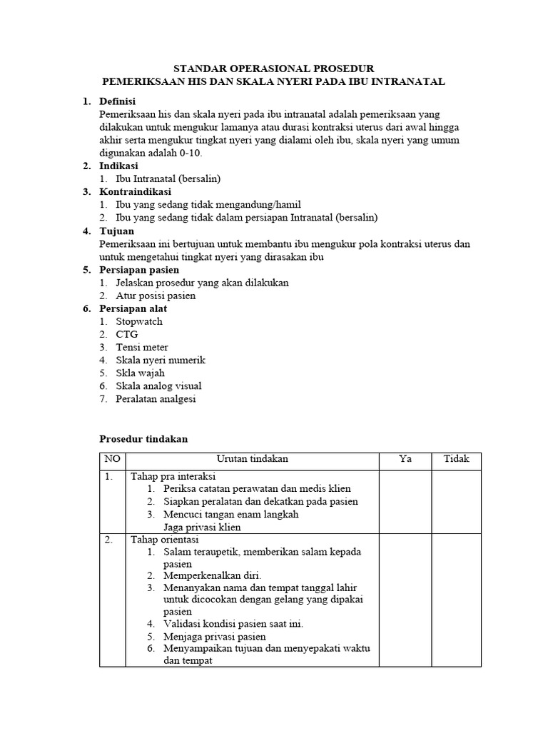 Sop Pemeriksaan His Dan Skala Nyeri Ibu Intranatal | PDF