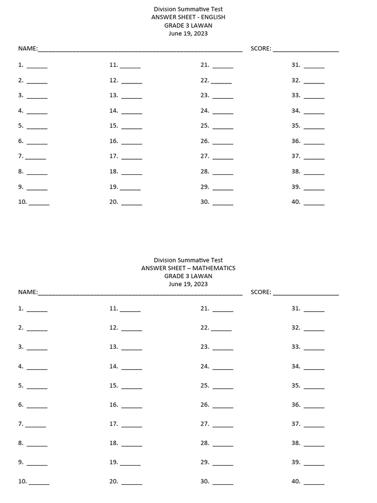 Grade 3 Division Test Answer Sheets | PDF