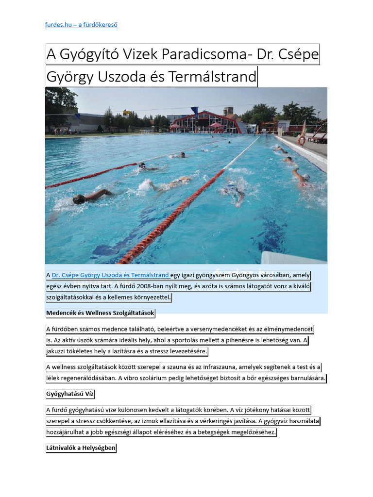 A Gyógyító Vizek Paradicsoma - Dr. Csépe György Uszoda És Termálstrand | PDF