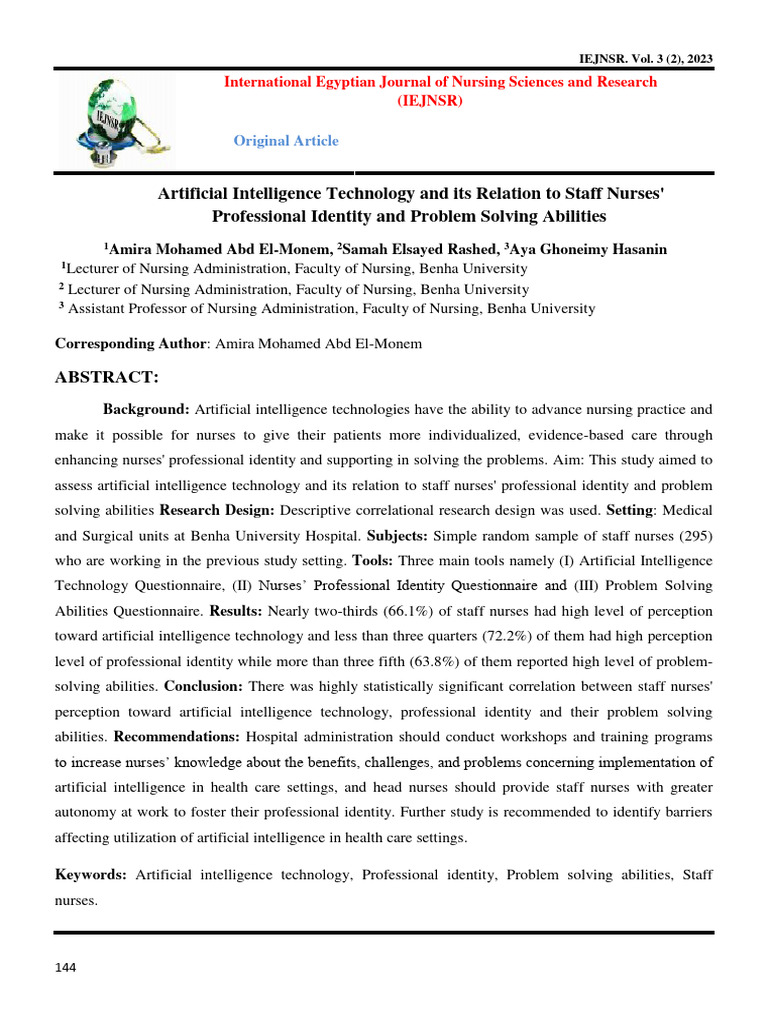 Artificial Intelligence Technology and Its Relation To Staff Nurses' | Download Free PDF ...