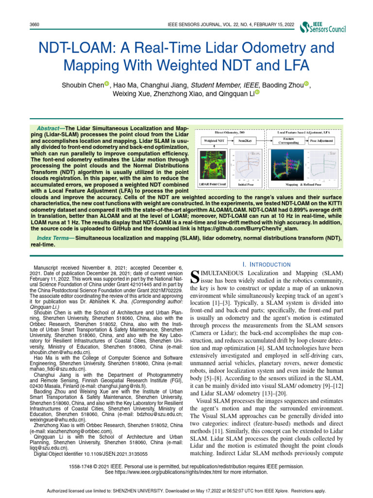 NDT-LOAM A Real-Time Lidar Odometry and Mapping With Weighted NDT and LFA | PDF