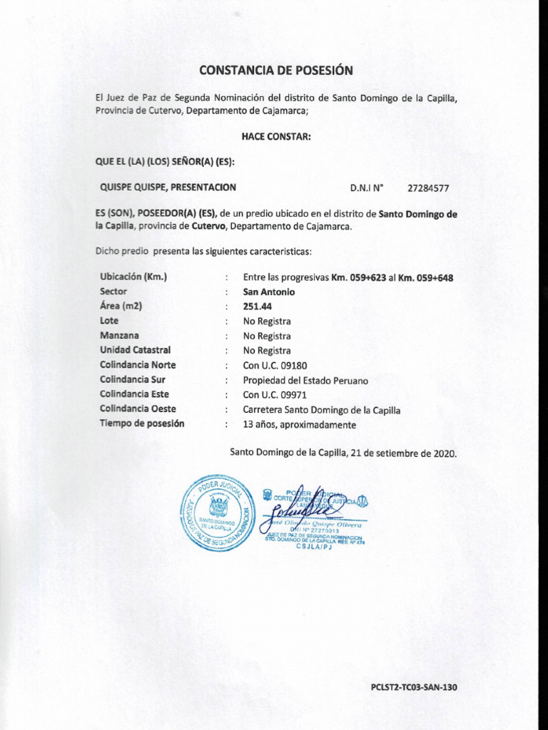 Constancia de Posesión Juzg. de Paz | PDF