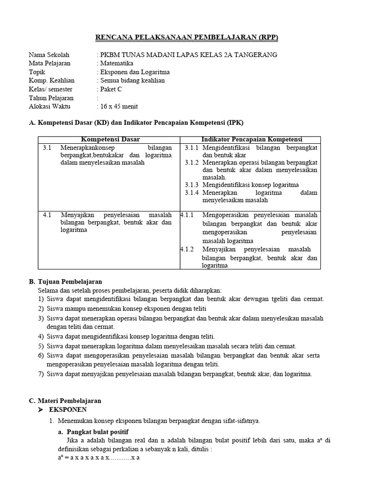RPP Matematika: Eksponen & Logaritma | PDF