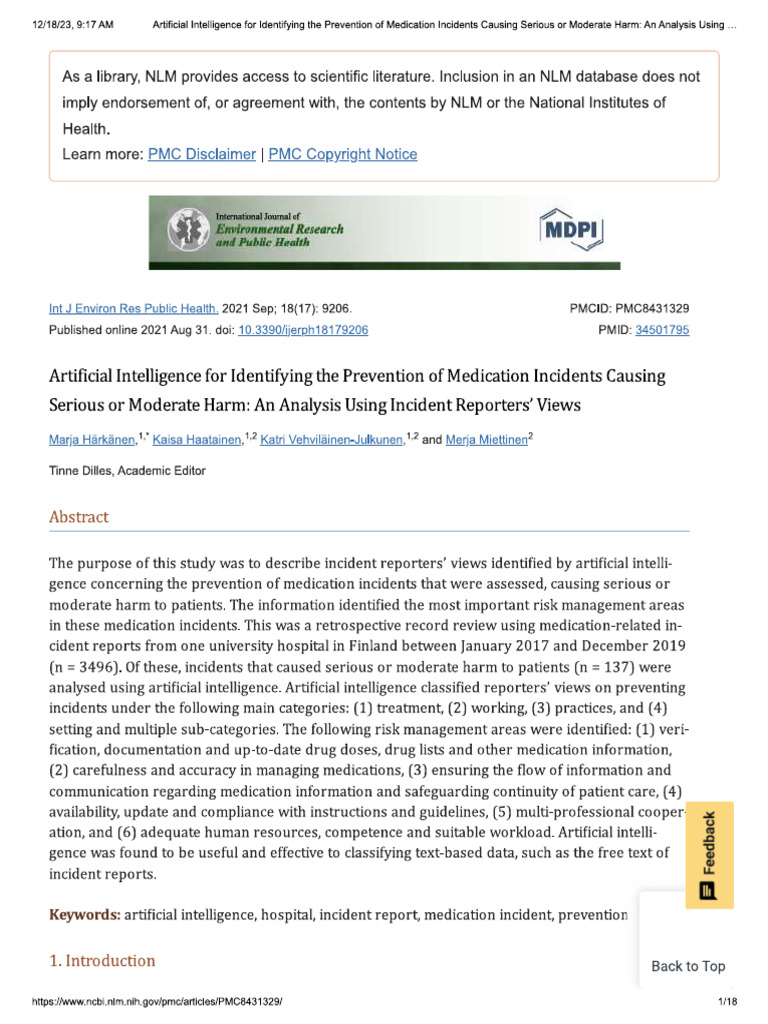 Artificial Intelligence for Identifying the Prevention of Medication Errors | PDF
