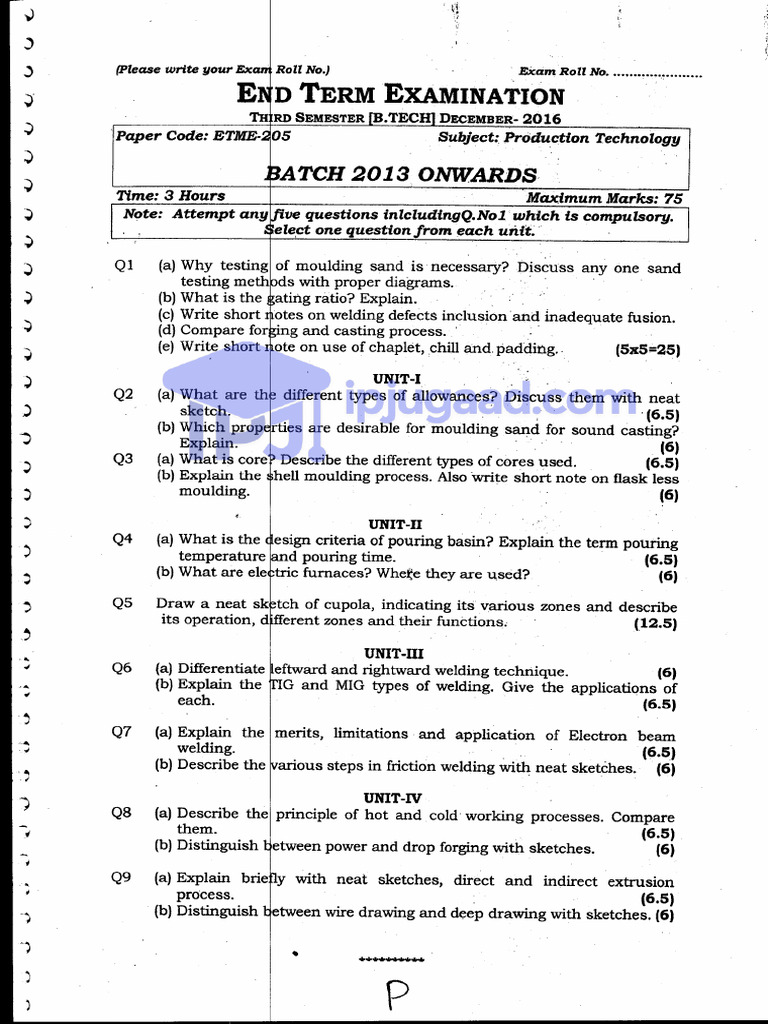 Ipjugaad - B Tech 3rd Sem Production Technology Paper 2016 | PDF