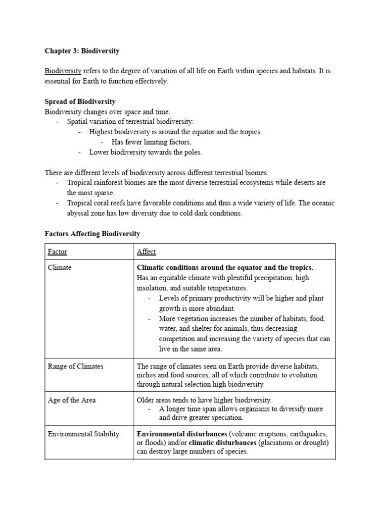 IB ESS Biodiversity Notes | PDF | Evolution | Biodiversity