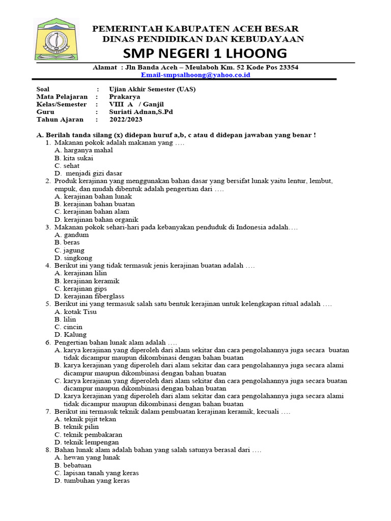 SOAL Prakarya KELAS VIII SURIATI GANJIL 2022 | PDF