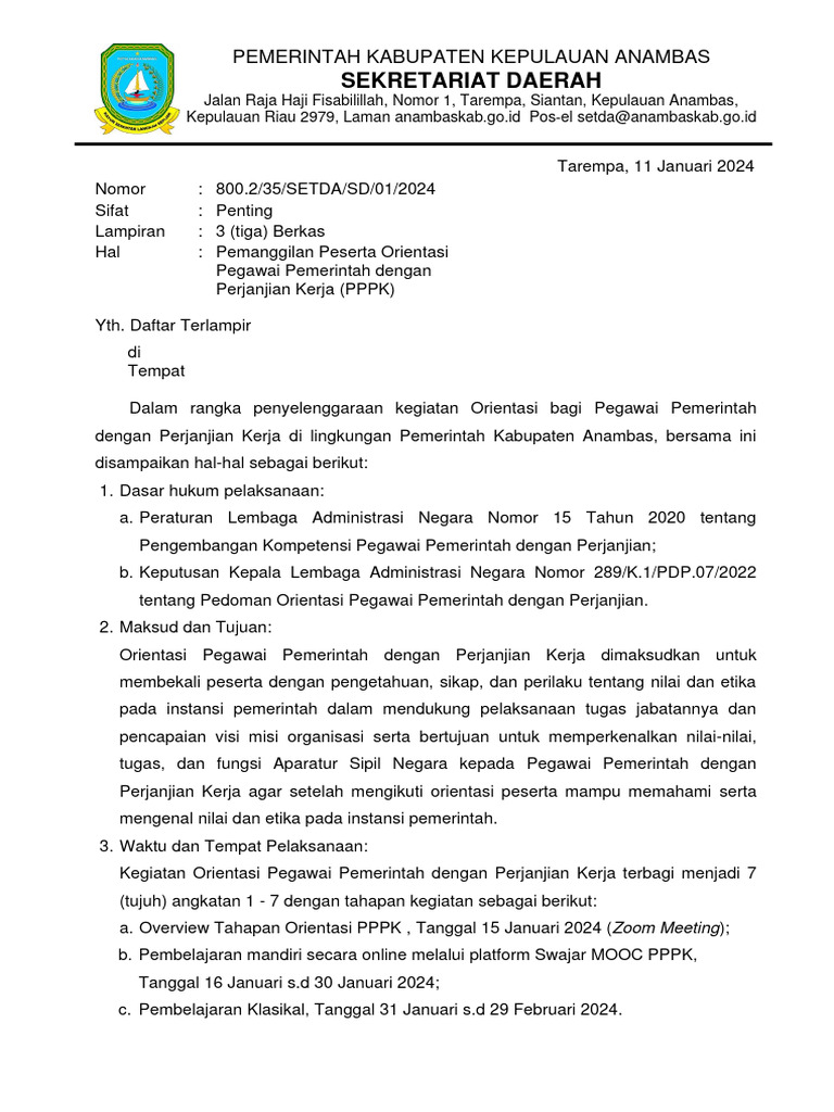 Surat Pemanggilan Peserta Orientasi PPPK | PDF