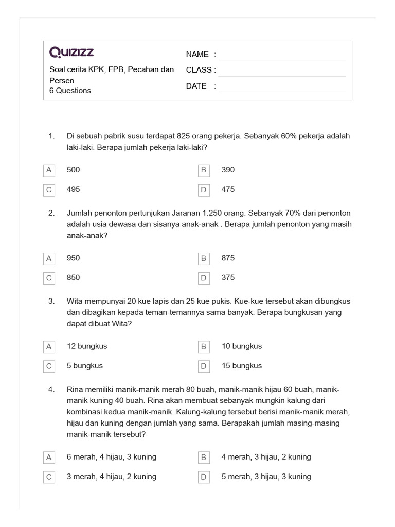 Soal Cerita KPK, FPB, Pecahan Dan Persen | PDF