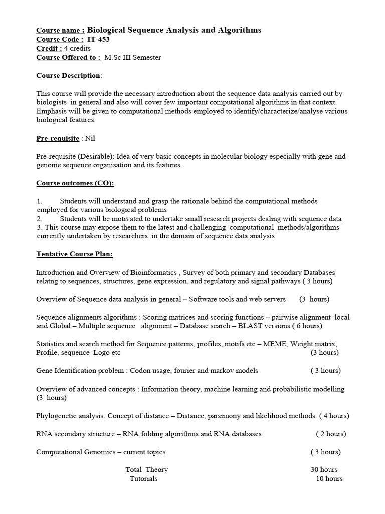 IT-453-N Biological Sequence Analysis and Algorithms | PDF