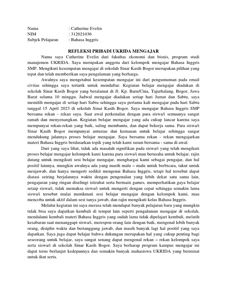 Catherine Evelin - Refleksi Pribadi-Compressed | PDF