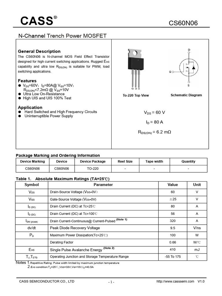 CS60N06 Cass | PDF | Field Effect Transistor | Mosfet