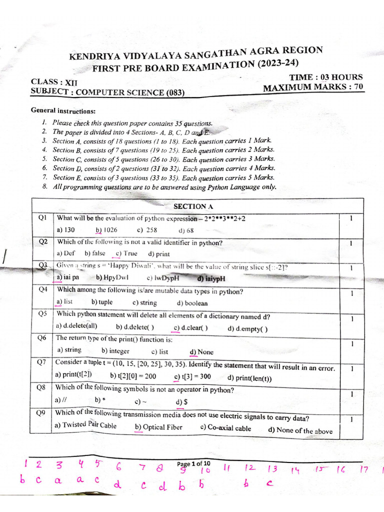 Class 12 Cs KV Region Pb1 Papers 2023-24 | PDF | Table (Database) | Software Engineering