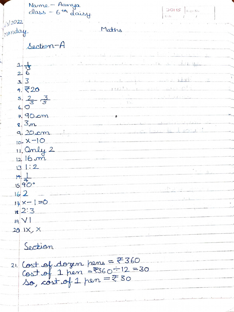 Aanya Saharan 6th Daisy Maths Exam | PDF