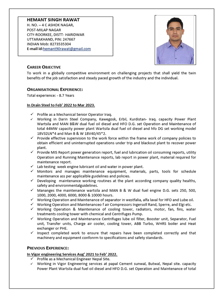 Hemant Resume | PDF | Fuel Oil | Diesel Engine