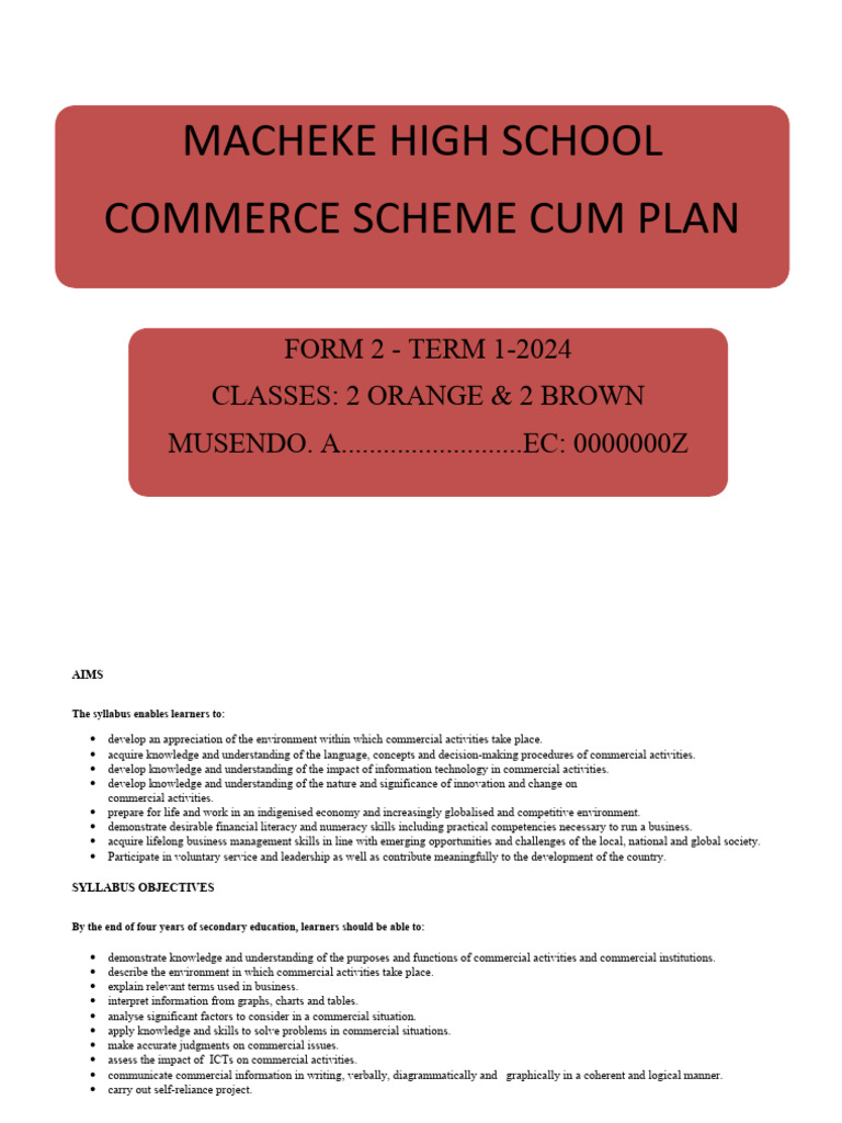 Commerce Scheme Form 2 | PDF | Educational Technology | Teachers
