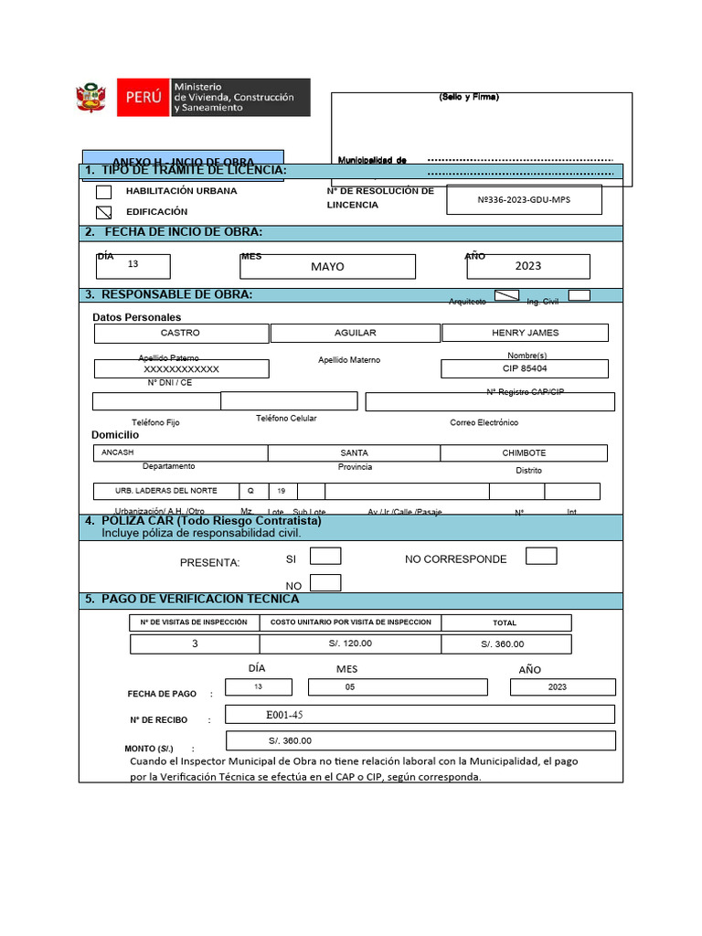 ANEXO H - Inicio de Obra - VERIFICACION N°01-2023 | PDF