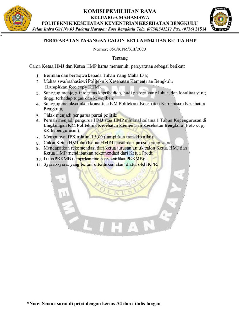 Persyaratan Pasangan Calon Ketua Dan Wakil HMP | PDF