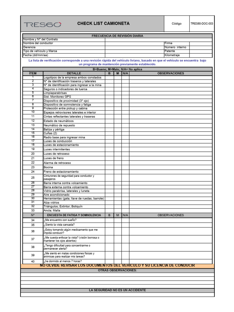 TRES60-DOC-003 check list camioneta | PDF | Vehículos | Vehículo de motor