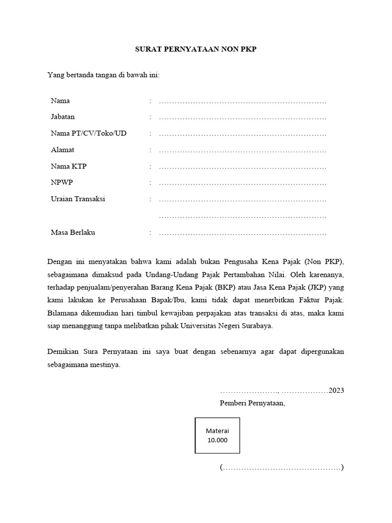 Surat Pernyataan Non PKP | PDF Surat Pernyataan Non PKP | PDF