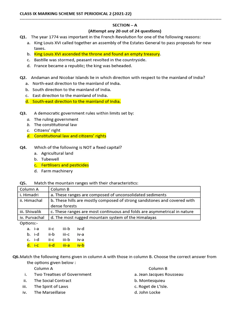 IX - SST - Marking Scheme - Periodical 2 | PDF