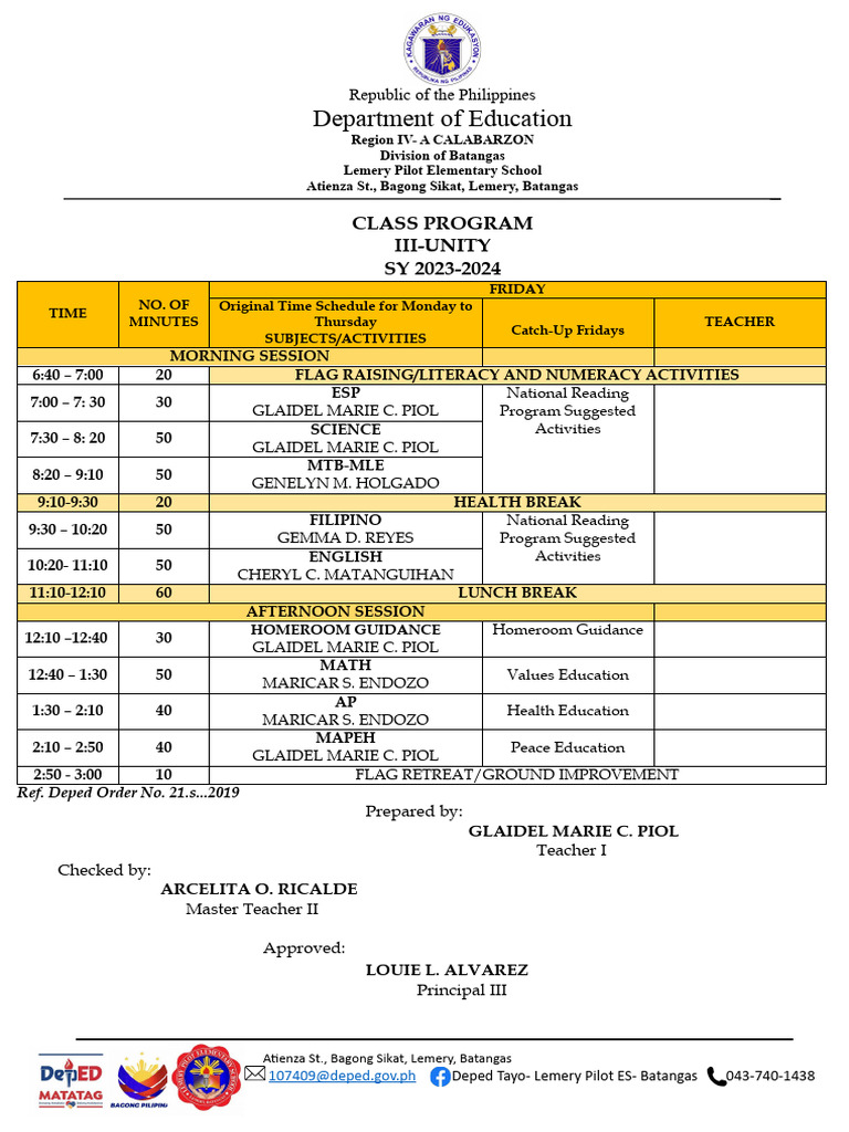 Class Program Dear | PDF | Educational Institutions | Learning