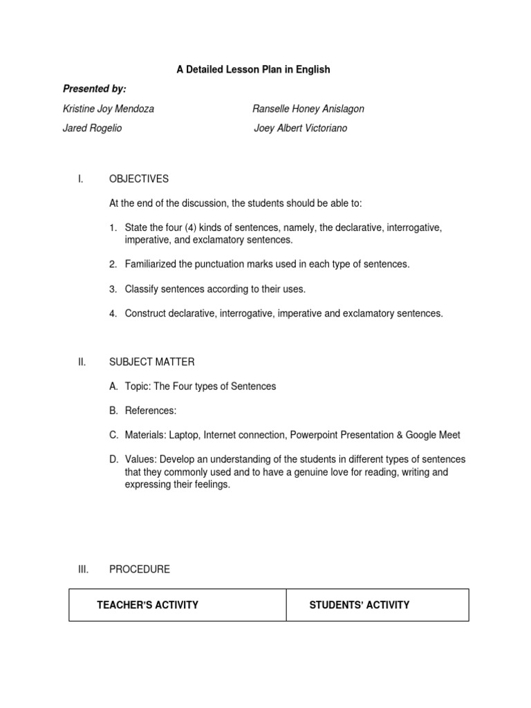 A Detailed Lesson Plan in English | PDF | Question | Sentence (Linguistics)
