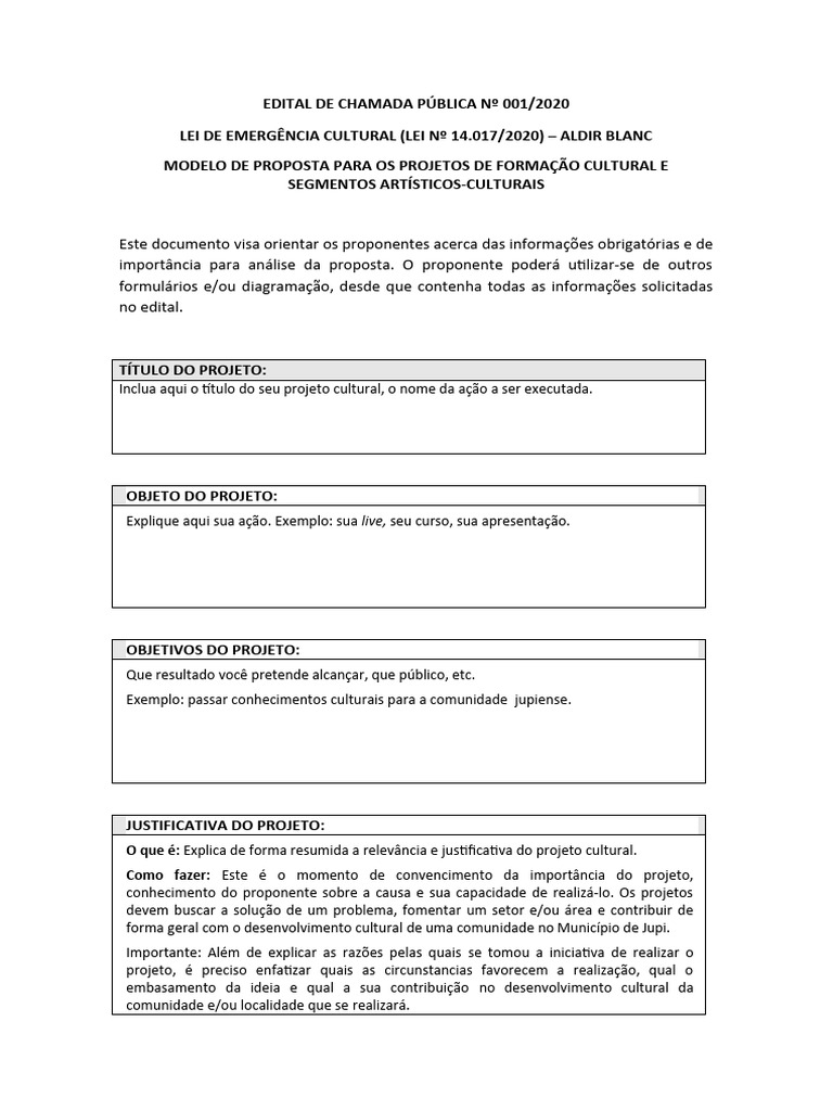 Proposta - MODELO DE PROJETO CULTURAL 2024 | PDF