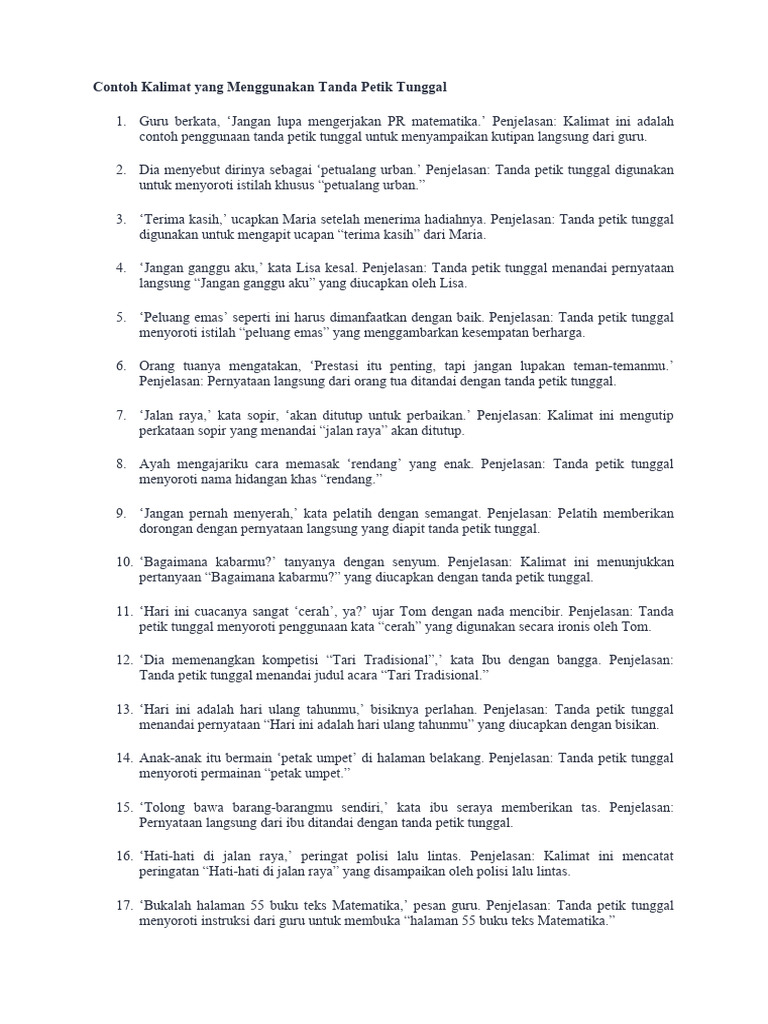 Contoh Kalimat Yang Menggunakan Tanda Petik Tunggal | PDF