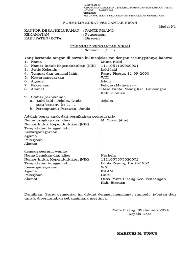 N1 - N10 Formulir Pengantar Nikah Pante Pisang | PDF