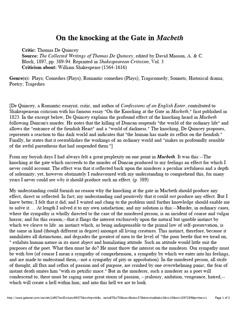 On Knocking at The Gate by Thomas de Quincey | PDF | Macbeth | William ...