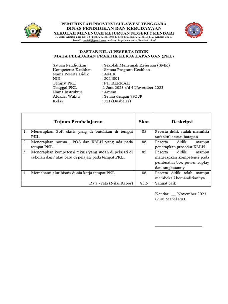 CONTOH form nilai PKL | PDF