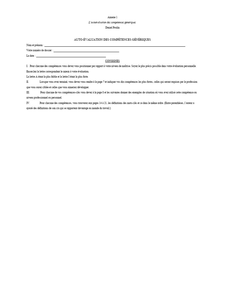 Autoévaluation des compétences génériques | PDF